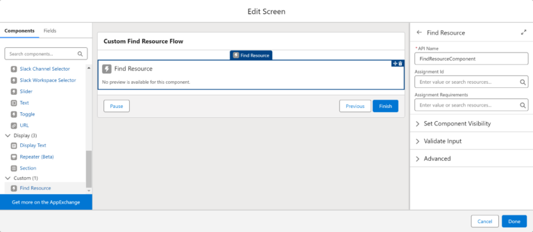 Use the Find Resource component inside of a custom screen flow - Resource Hero